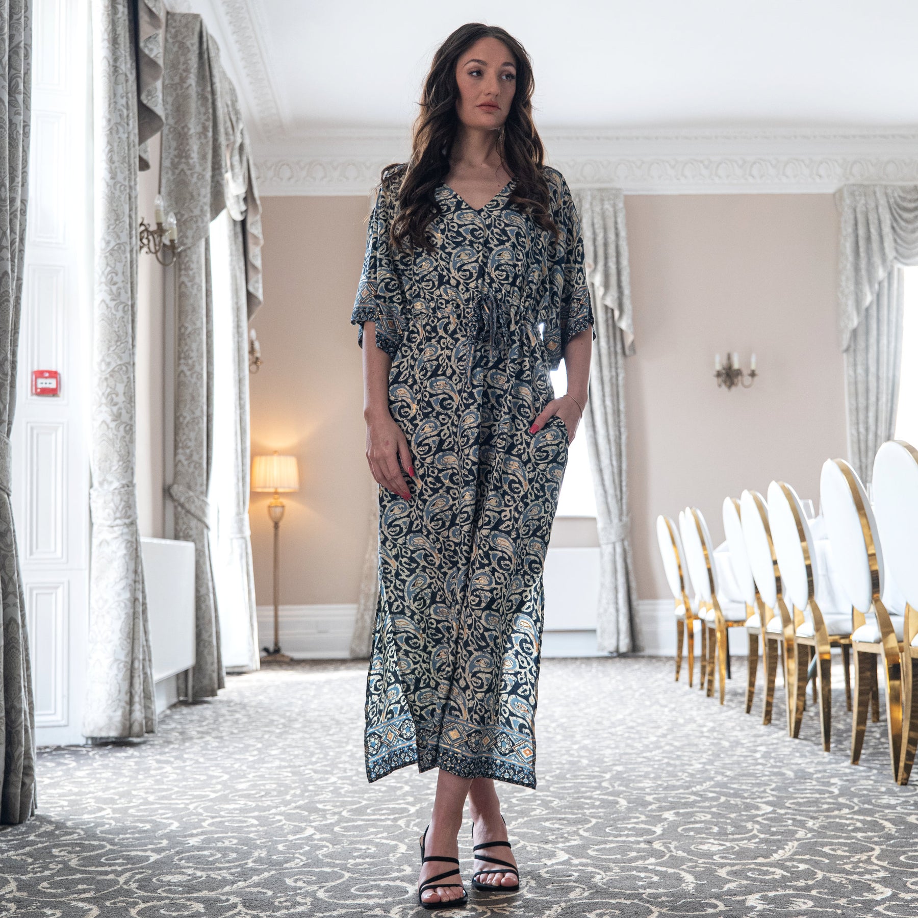 Blue Paisley Dress Drawstring-Waist Siobhan Kaftan With Butterfly Slee ...