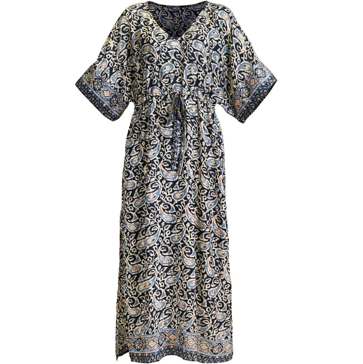 Blue Paisley Dress Drawstring-Waist Siobhan Kaftan With Butterfly Slee ...